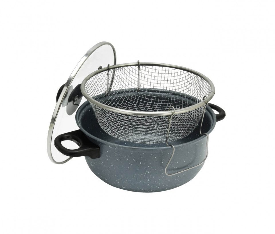 Cratita non stick cu sita si capac de sticla de prajit cartofi