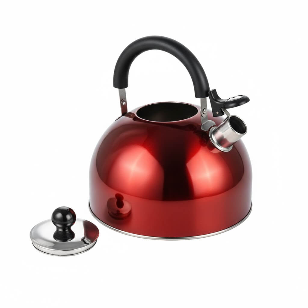 Ceainic metalic – roșu, 2,5 L, cu fluier